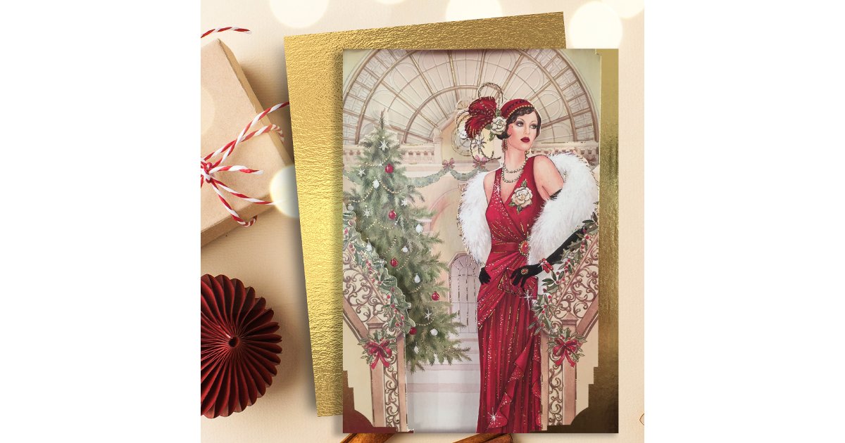 Vintage Art Deco Woman Christmas Holiday Card | Zazzle