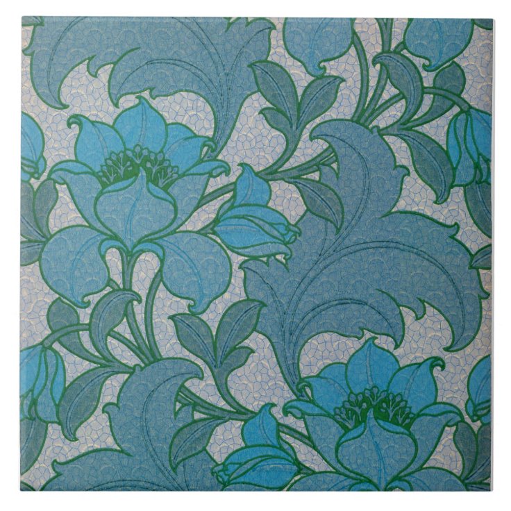 Vintage Art Nouveau Blue Floral Pattern Ceramic Tile | Zazzle