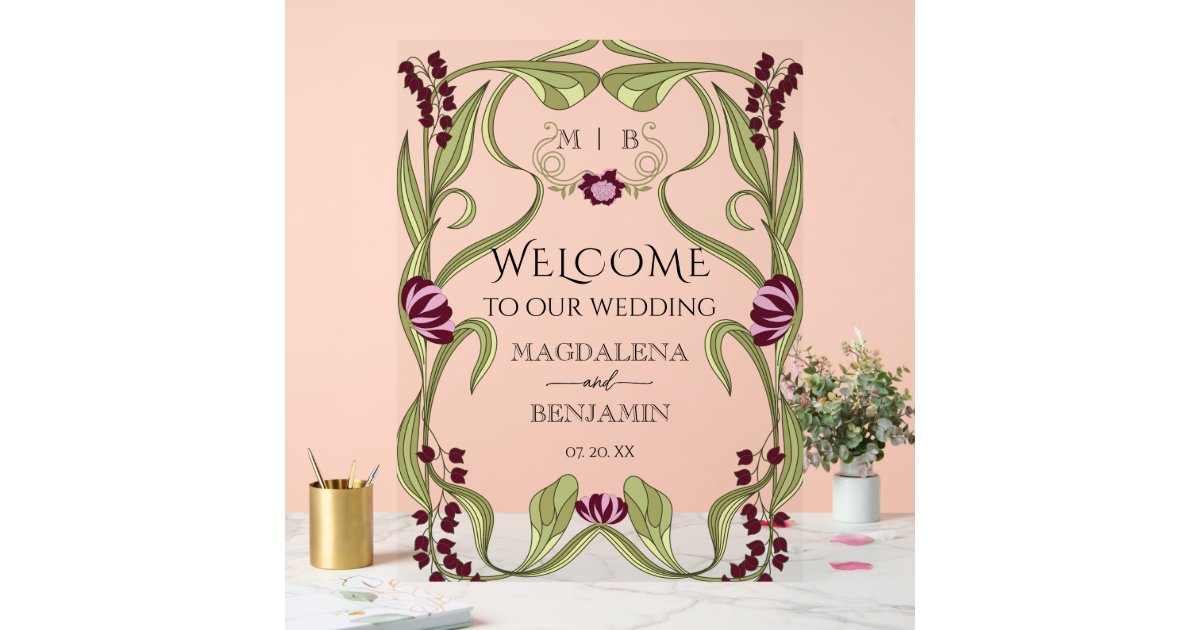 Vintage Art Nouveau Burgundy Pink Floral Welcome Acrylic Sign | Zazzle