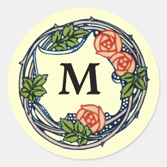 Vintage Art Nouveau Rose Border Monogram template Classic Round Sticker ...