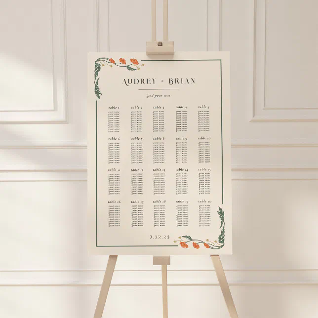 Vintage Art Nouveau Wedding Seating Chart 24x36 Foam Board | Zazzle