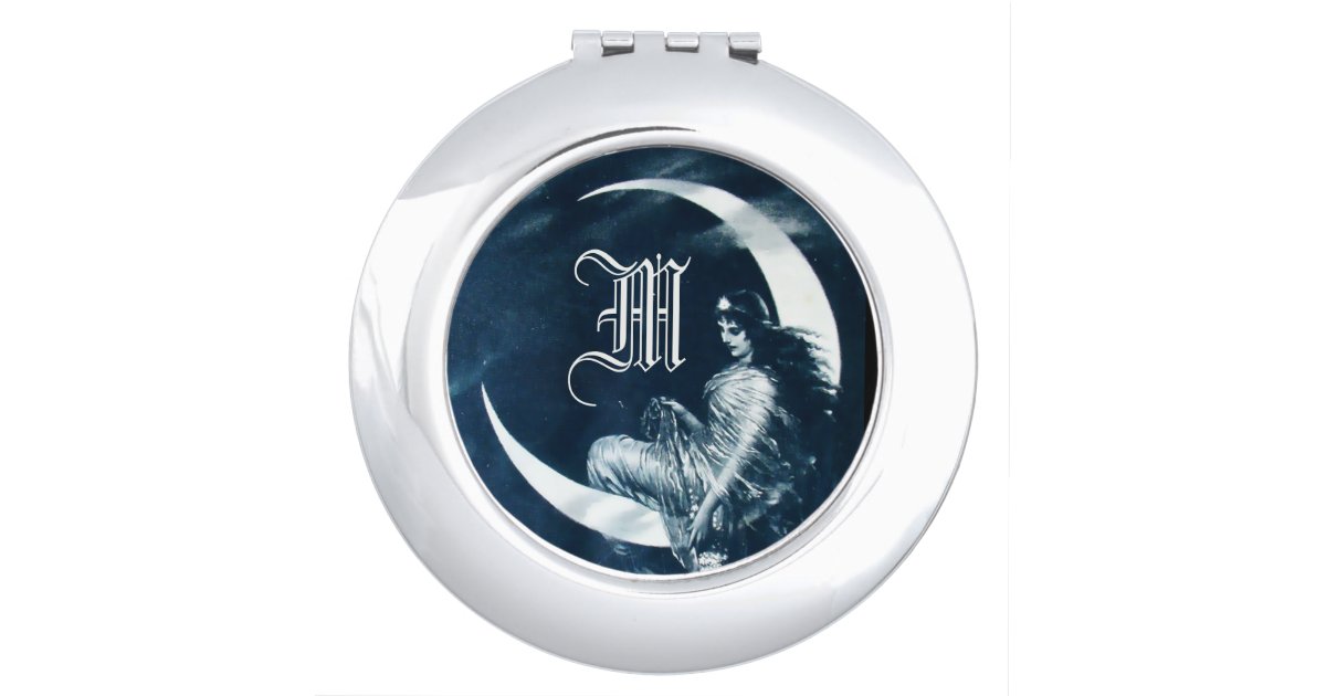 Vintage Art Nouveau Woman Crescent Moon Monogram Compact Mirror | Zazzle