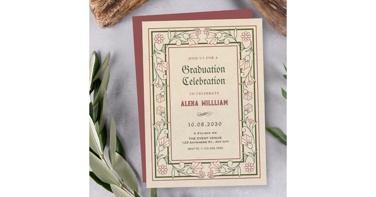 Vintage artistic florat art frame graduation invitation | Zazzle