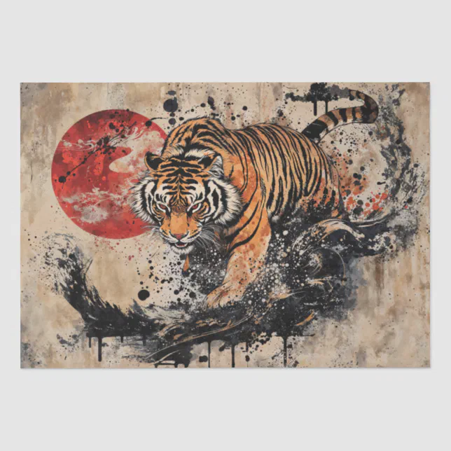 Vintage Asian Fierce Tiger with Red Sun Tissue Paper | Zazzle