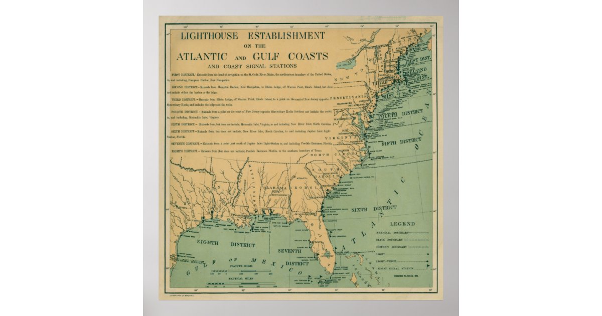 Vintage Atlantic and Gulf Coast Lighthouse Map Poster | Zazzle
