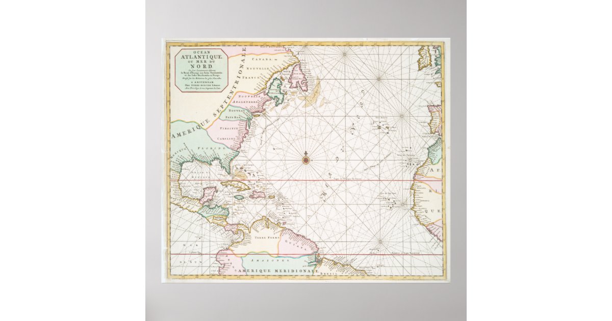 Vintage Atlantic Ocean & North America Map (1700s) Poster | Zazzle