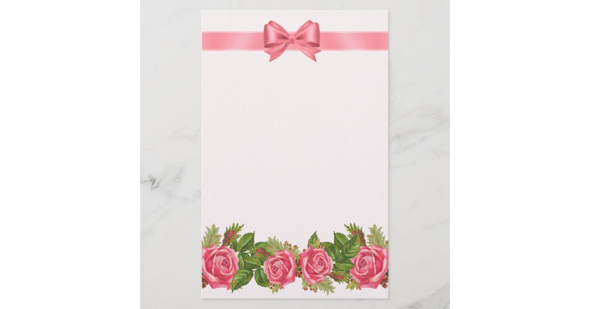 Vintage Attic Roses & Pink Ribbon & Bow Stationery | Zazzle