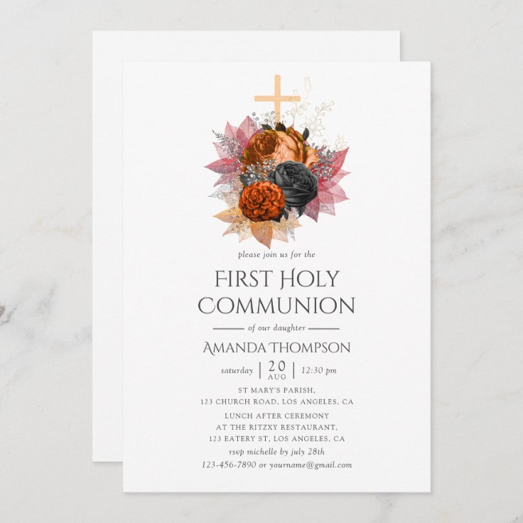 Vintage Autumn Floral Bouquet Holy Communion Invitation | Zazzle