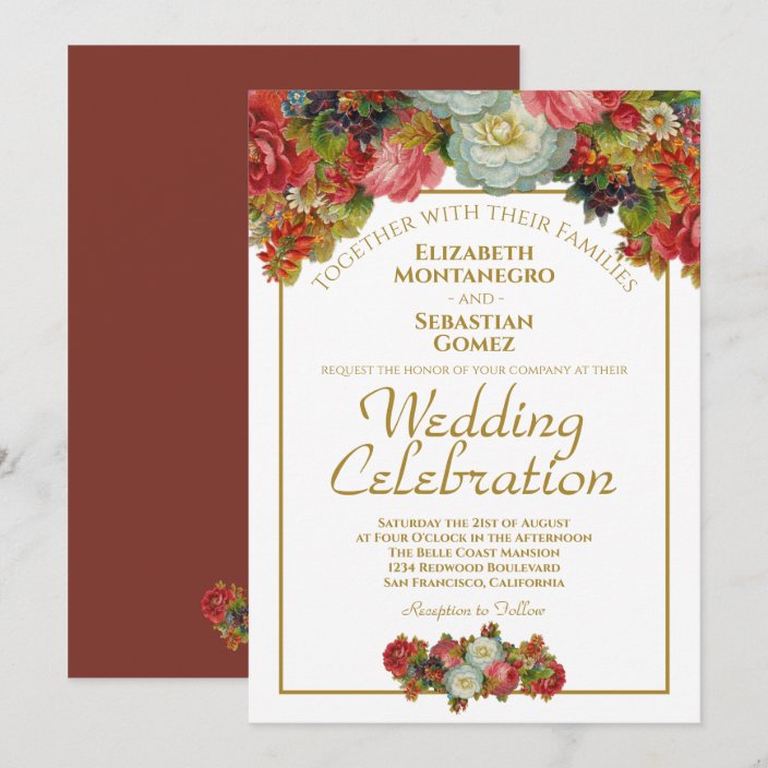 Vintage Autumn Floral Gold White Marsala Wedding Invitation | Zazzle