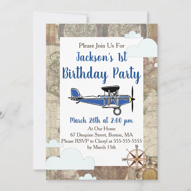 Vintage Aviator Airplane World Travel Birthday Invitation | Zazzle