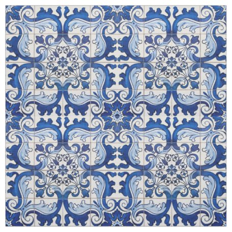 Vintage Portuguese Blue Azulejos Tile Pattern Fabric | Zazzle.com