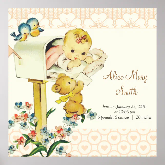Vintage Baby Girl in Mail Box Personalized Birth Poster | Zazzle