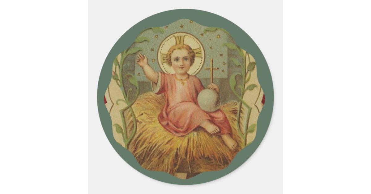 Vintage Baby Jesus in a Manger Classic Round Sticker | Zazzle