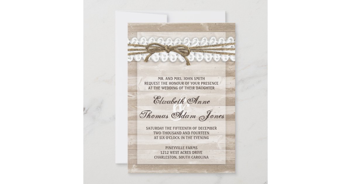 Vintage Barn Wood Twine on Lace Wedding Invitation | Zazzle
