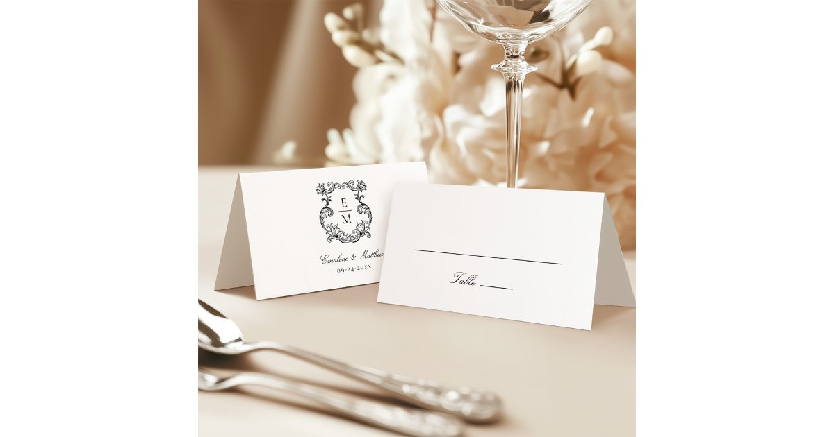 Vintage Baroque Monogram Crest Wedding Place Card | Zazzle
