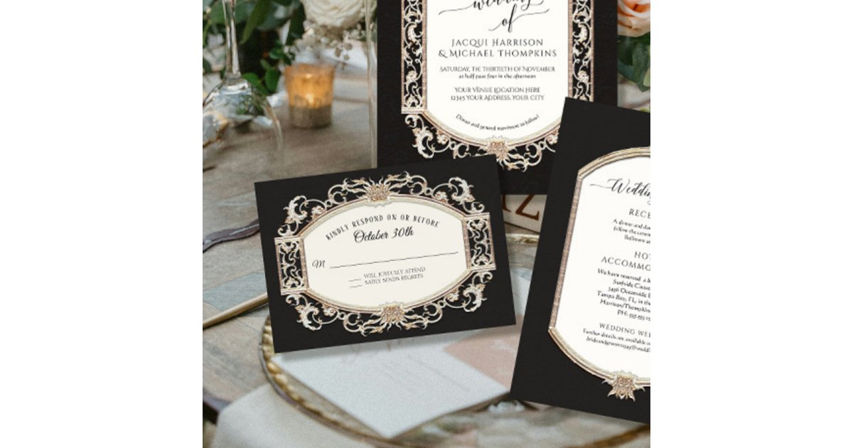 Vintage Baroque Rococo Black White n Gold Wedding RSVP Card | Zazzle