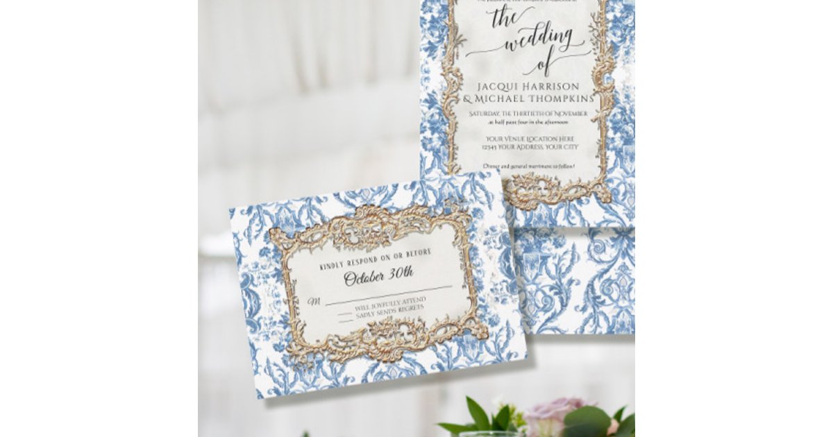 Vintage Baroque Rococo Blue White Floral Wedding RSVP Card | Zazzle