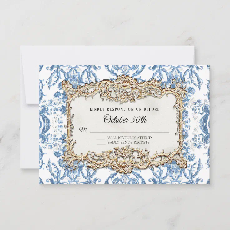 Vintage Baroque Rococo Blue White Floral Wedding RSVP Card | Zazzle