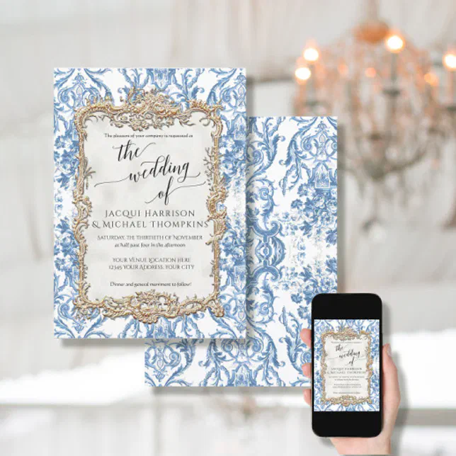 Vintage Baroque Rococo Floral Blue White Wedding Invitation | Zazzle