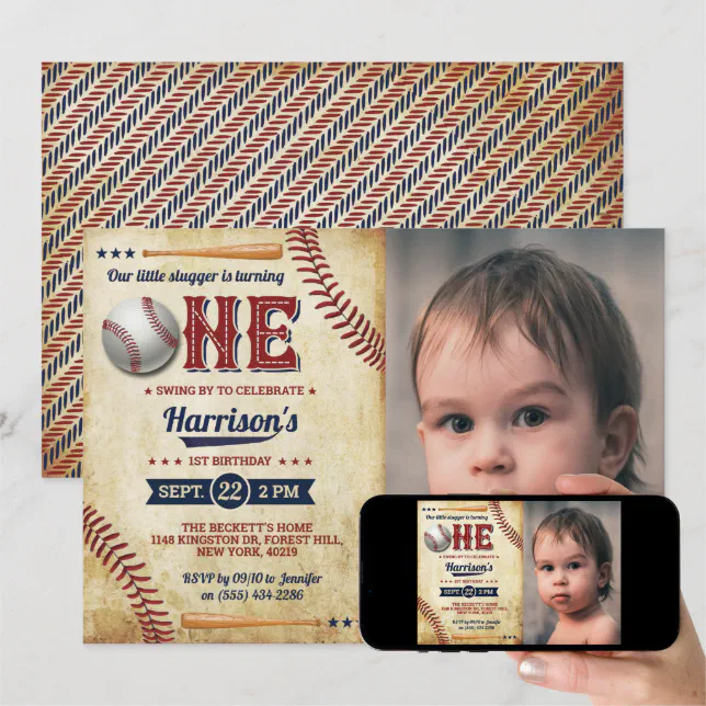 Vintage Baseball Boys 1st Birthday Photo Invitation | Zazzle