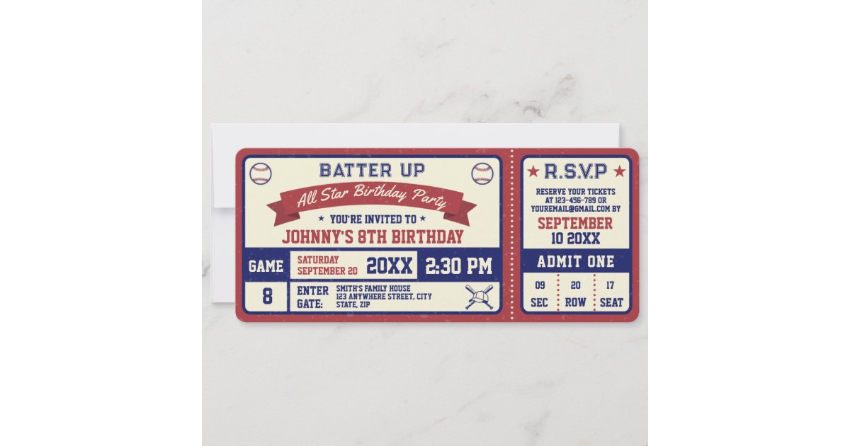 Vintage Baseball Ticket Birthday Party Invitation | Zazzle