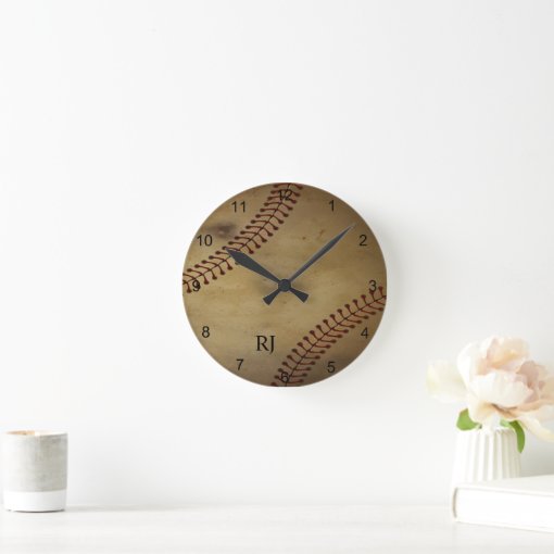 Vintage Baseball with Monogram Round Clock | Zazzle