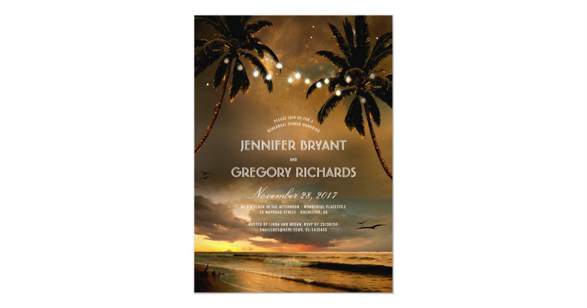 Vintage Beach Sunset Palm Lights Rehearsal Dinner Invitation | Zazzle.com
