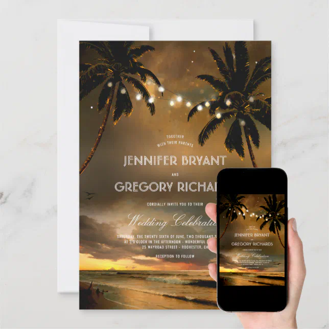 Vintage Beach Sunset | String Lights Palms Wedding Invitation | Zazzle
