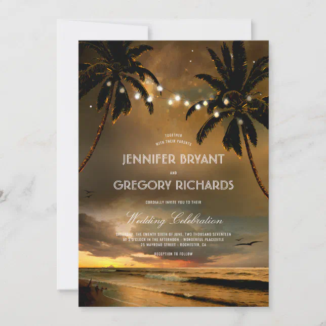 Vintage Beach Sunset | String Lights Palms Wedding Invitation | Zazzle