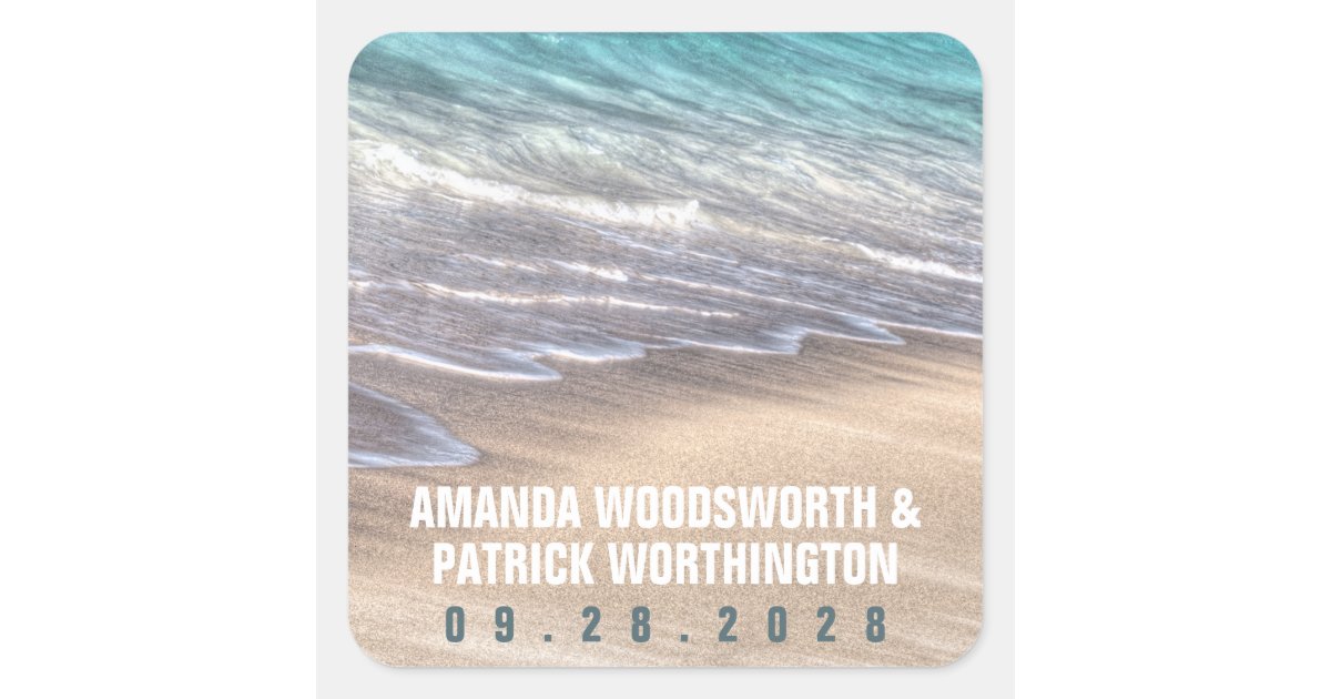 Vintage Beach Waves and Sand Wedding Favor Square Sticker | Zazzle