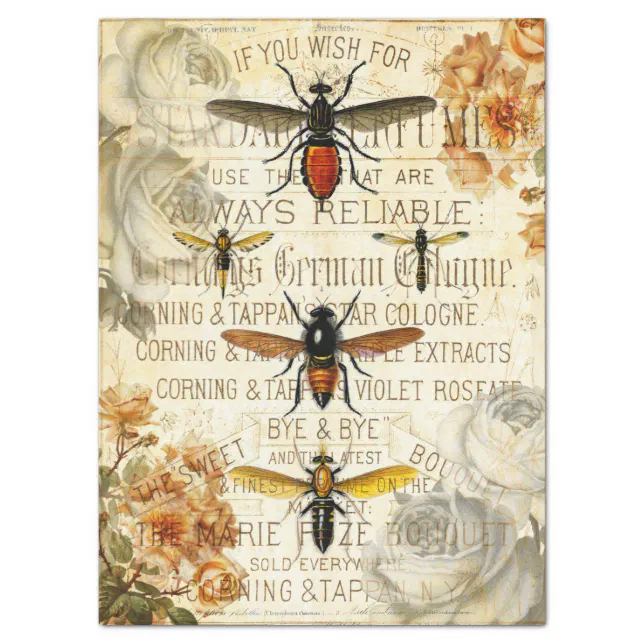 Vintage Bee Insects Rose Bouquet Decoupage Tissue Paper | Zazzle