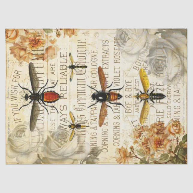 Vintage Bee Insects Rose Bouquet Decoupage Tissue Paper | Zazzle