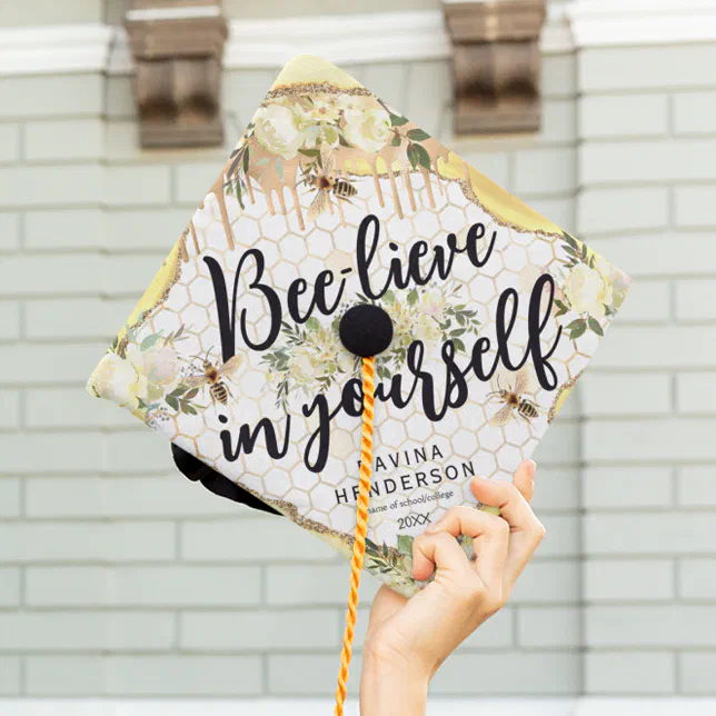 Vintage Bee-lieve in Yourself Floral Graduation Cap Topper | Zazzle