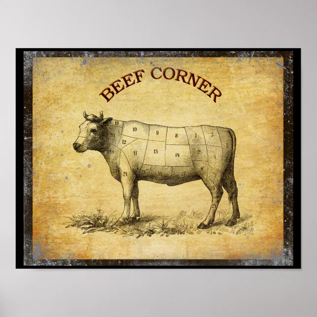 vintage beef chart with numbered cuts | Zazzle