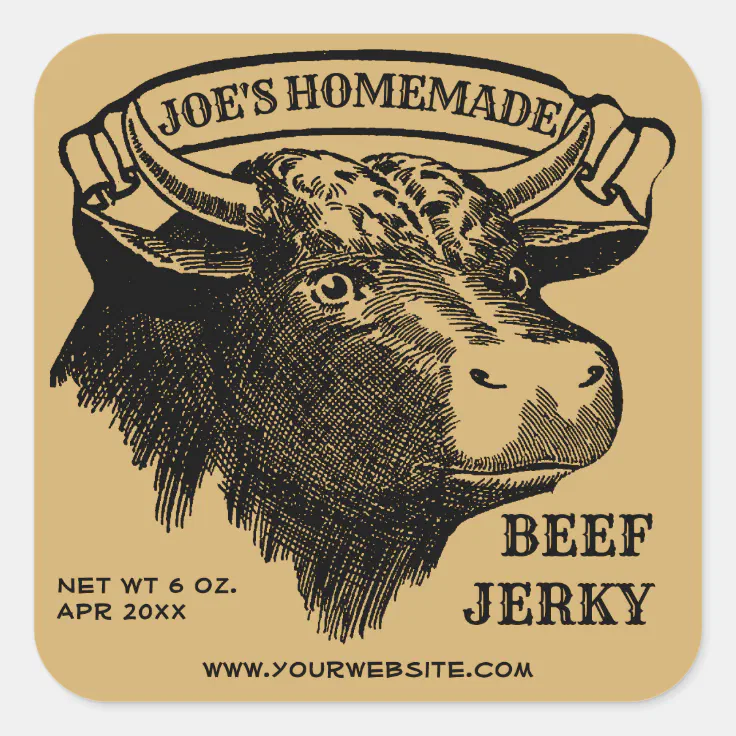 Vintage Beef Jerky Bull Head Template Square Sticker | Zazzle