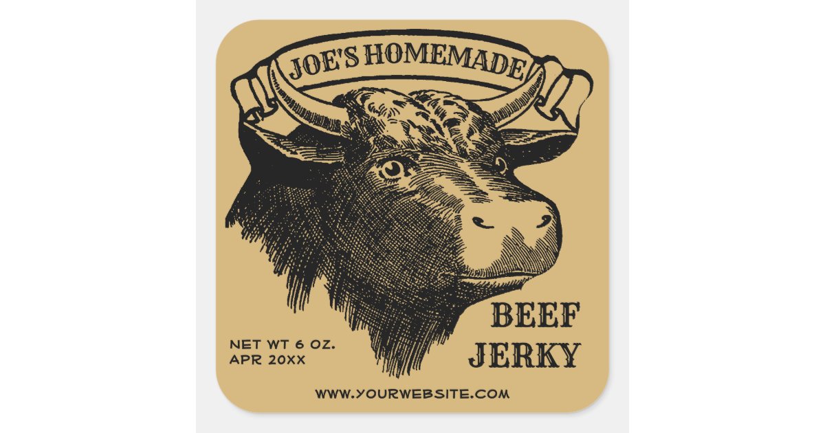 Vintage Beef Jerky Bull Head Template Square Sticker | Zazzle