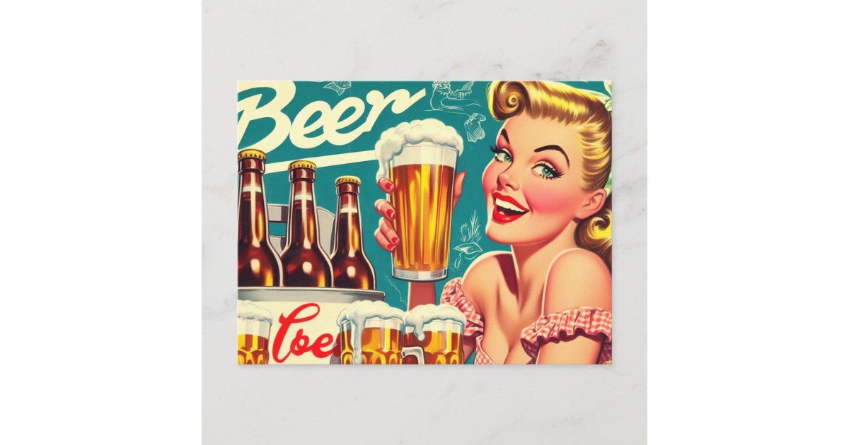 Vintage Beer Girl Illustration Postcard | Zazzle
