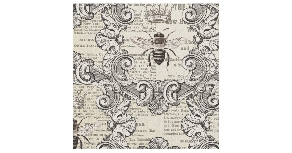 Vintage Bees and Newspaper Print Fabric | Zazzle