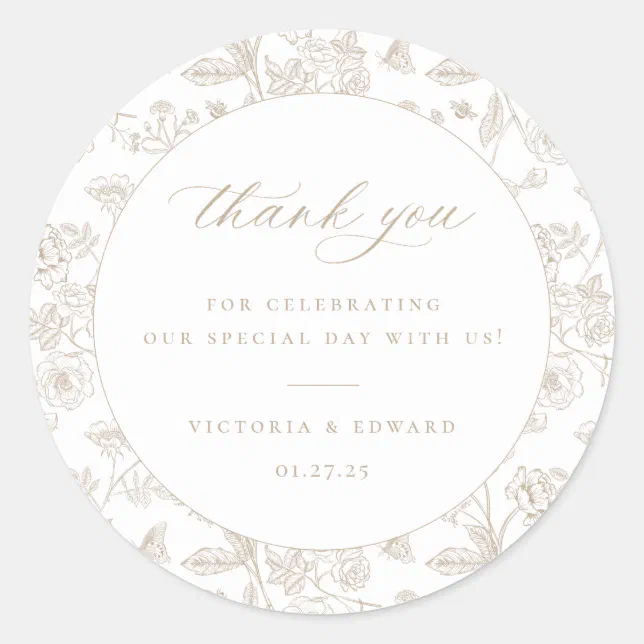 Vintage Beige Floral Wedding Thank You Classic Round Sticker Zazzle