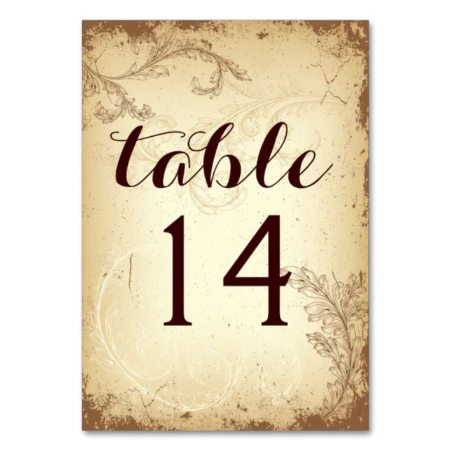 Vintage beige scroll leaf wedding table number | Zazzle