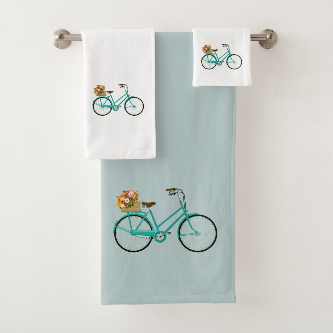 Vintage Bicycle with Flowers Turquoise Towel Set | Zazzle