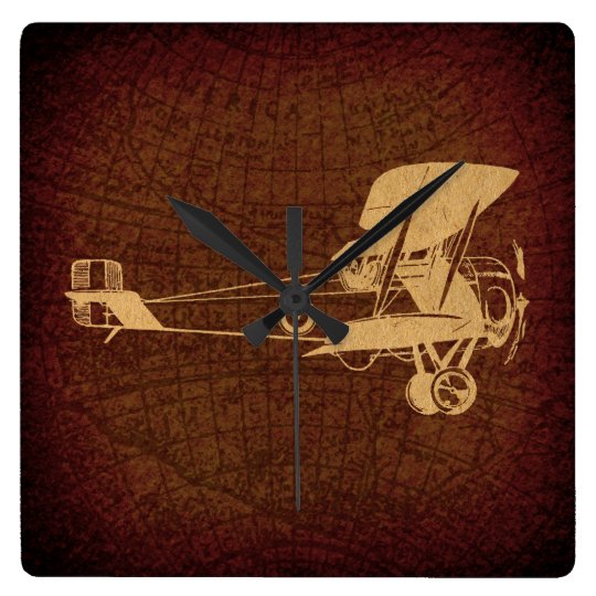 Vintage Biplane Plane Antique Airplane with Map Square Wall Clock ...