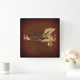 Vintage Biplane Plane Antique Airplane with Map Square Wall Clock | Zazzle
