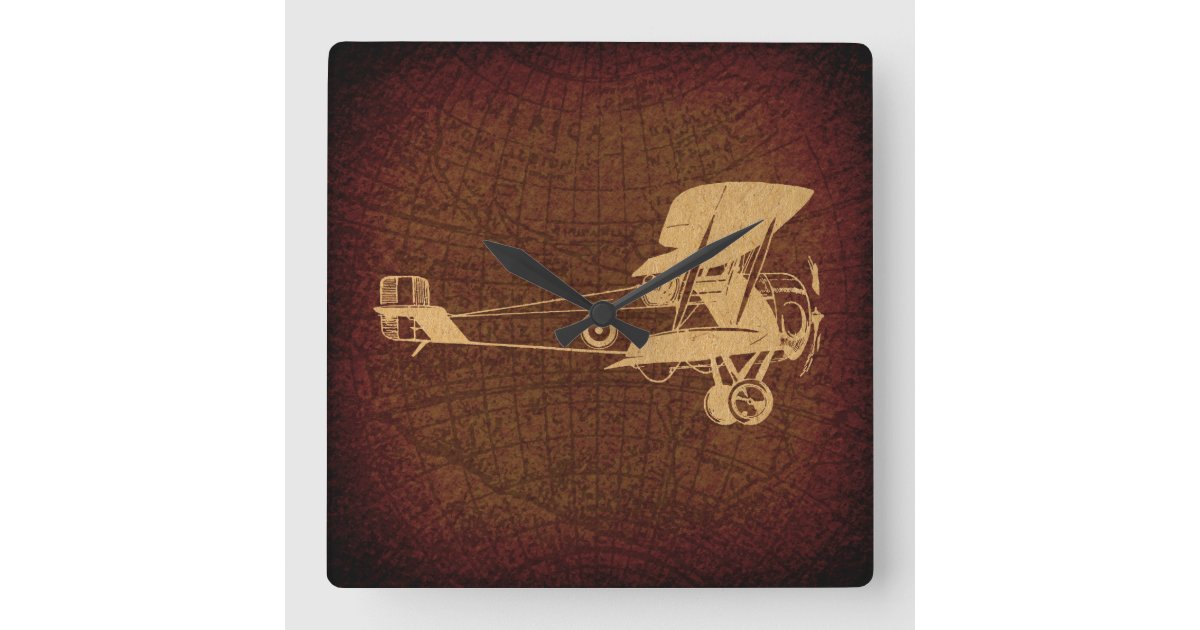 Vintage Biplane Plane Antique Airplane with Map Square Wall Clock | Zazzle