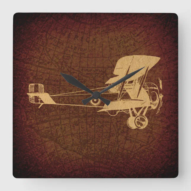 Vintage Biplane Plane Antique Airplane with Map Square Wall Clock | Zazzle