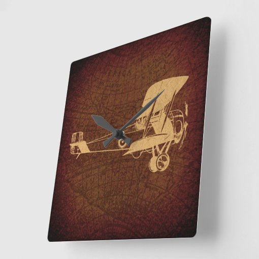 Vintage Biplane Plane Antique Airplane with Map Square Wall Clock | Zazzle