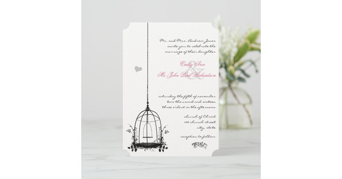 Vintage Bird Cage Red Accents Wedding Invitations | Zazzle