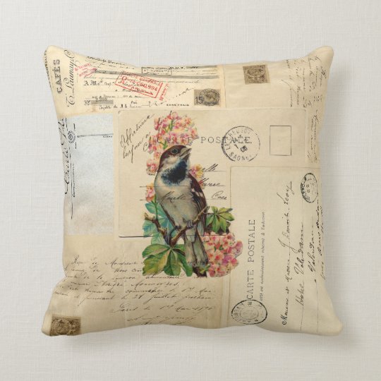 Vintage Bird Flowers French Postcards Pillow | Zazzle.com
