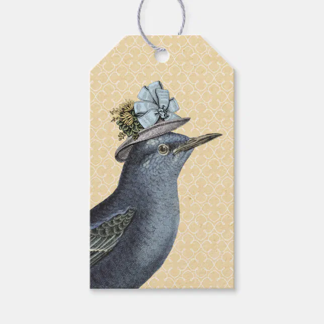 Vintage Bird Wearing a Blue Bonnet Gift Tags | Zazzle