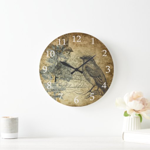 Vintage Birds and White Numbers Large Clock | Zazzle